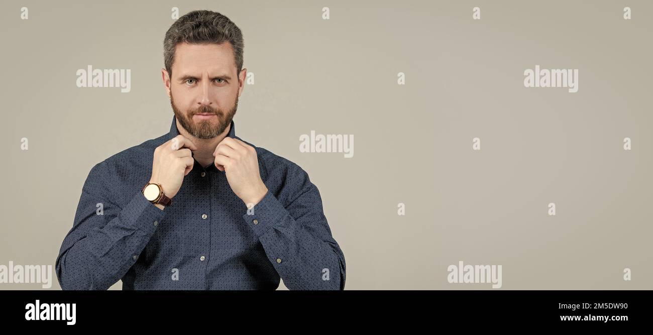 Looking effortlessly smart. Unshaven man button shirt grey background ...