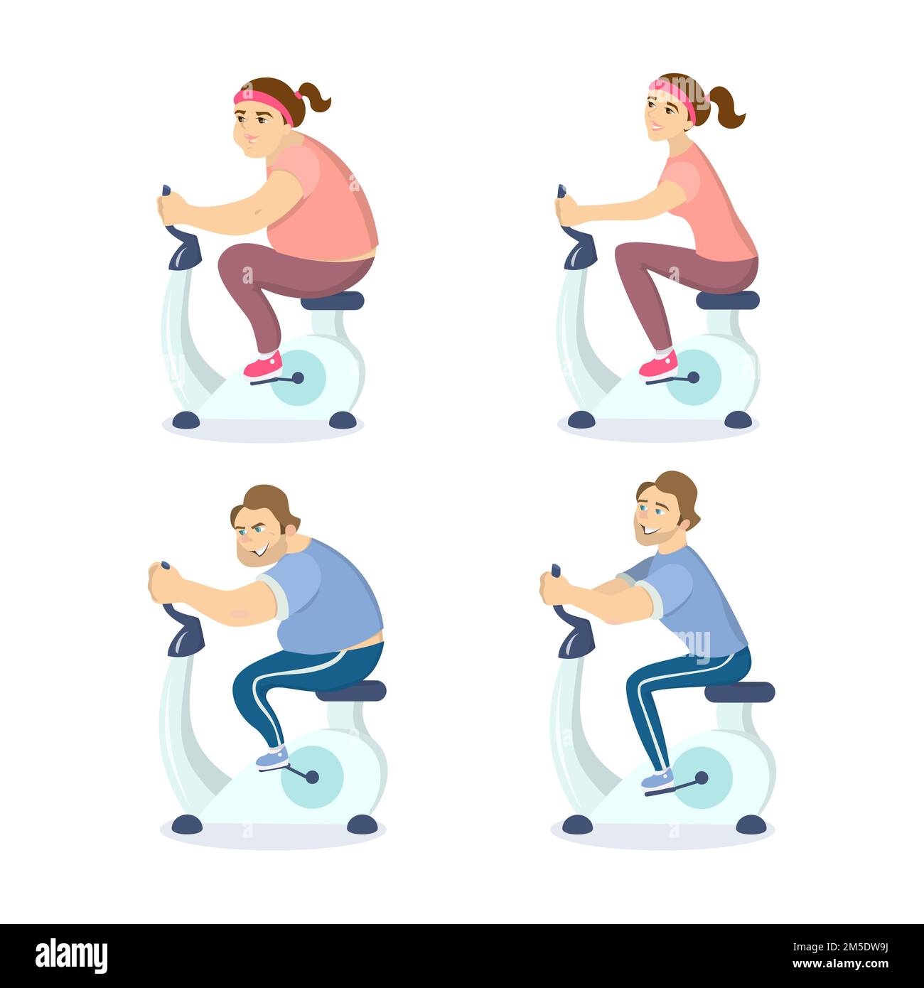 Before and after exercising on the gym bicycle. Man and woman loose ...
