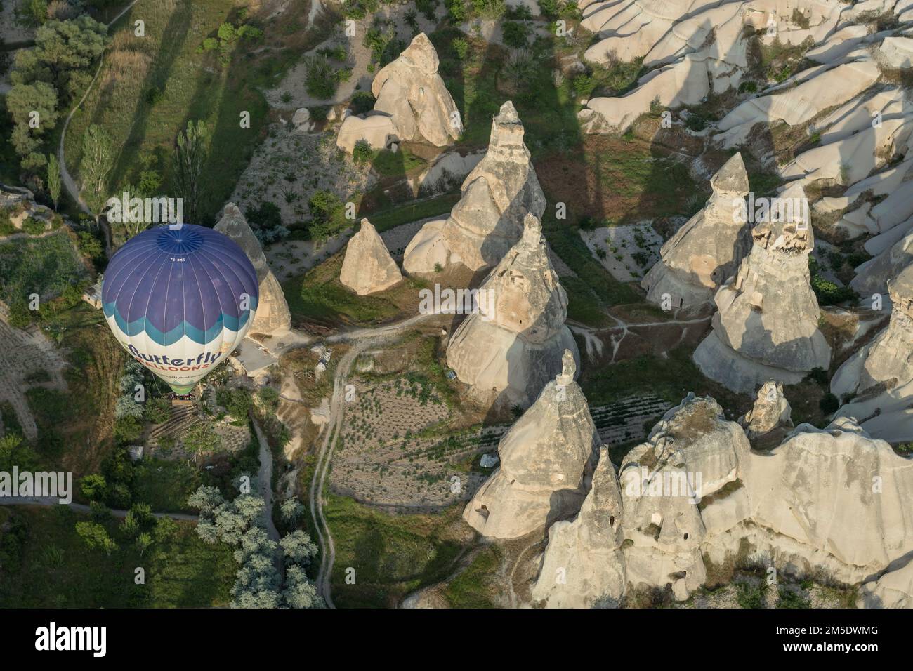 A beautiful shot of the hot air balloons over a landscape in the ...