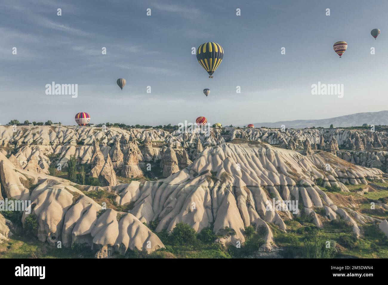 A beautiful shot of the hot air balloons over a landscape in the ...