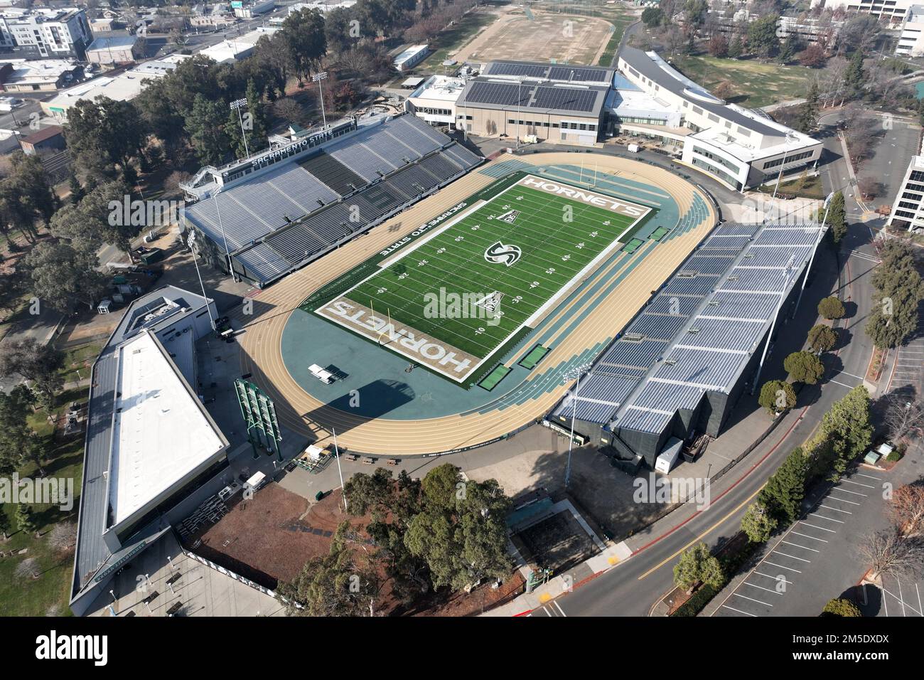 A general overall aerial view of the track and football field at Hornet ...
