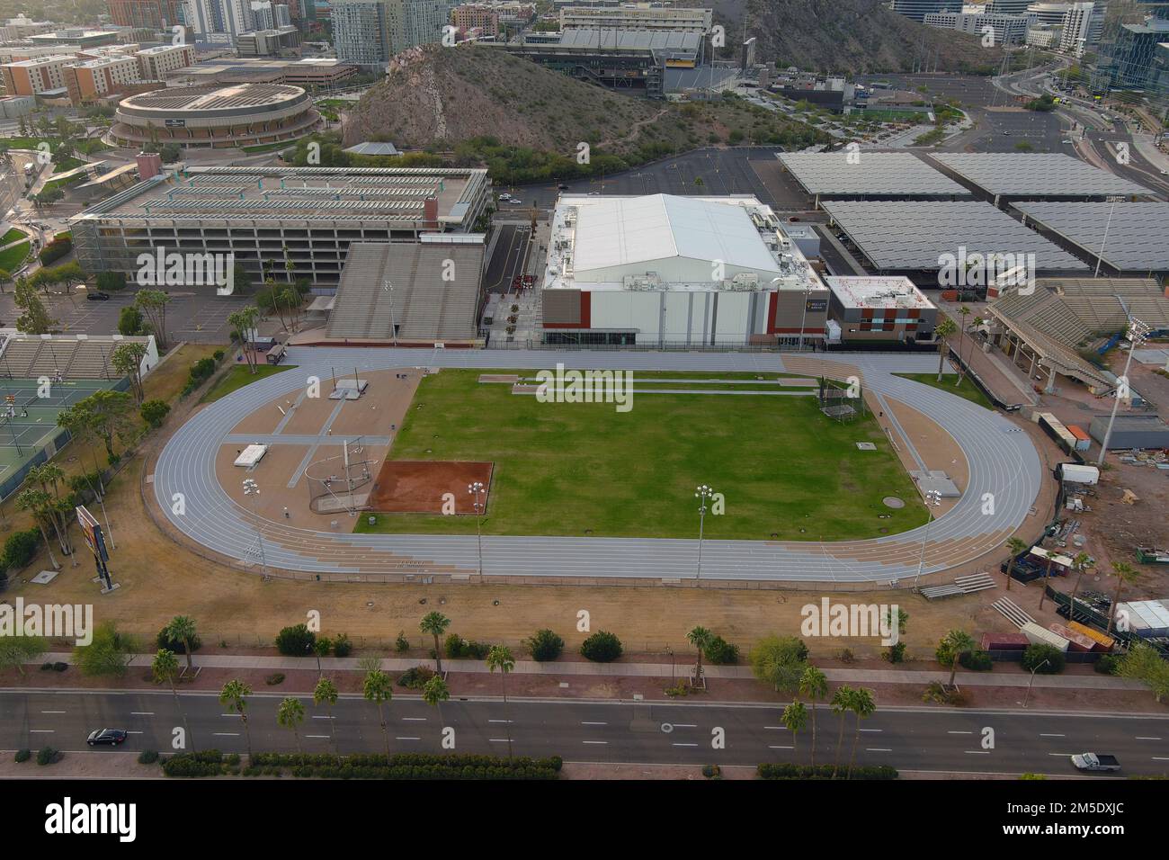 A general overall aerial view of the Sun Angel track and field stadium ...