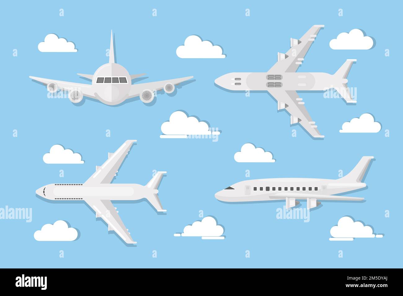 Airplanes in sky set. White planes on front view, side view and more in ...