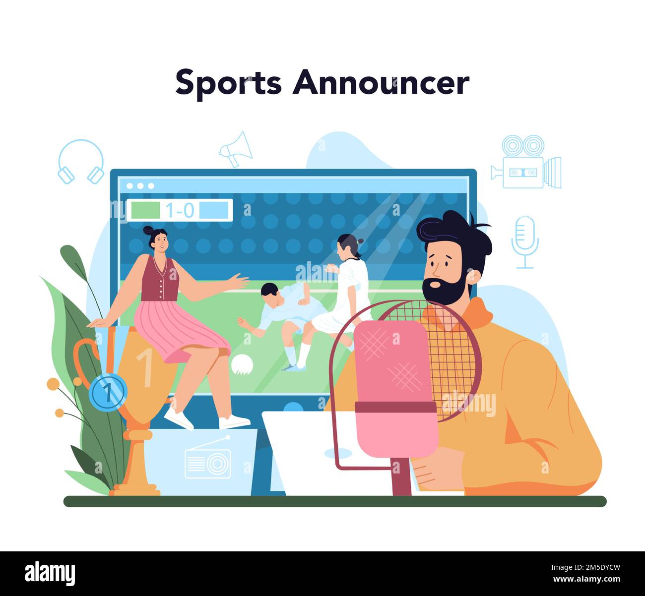 Sport announcer concept set. TV presenter, radio host in studio ...