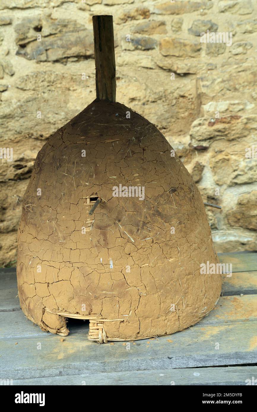 Recreated medieval bee hive - or skep - made from wicker and wattle and ...