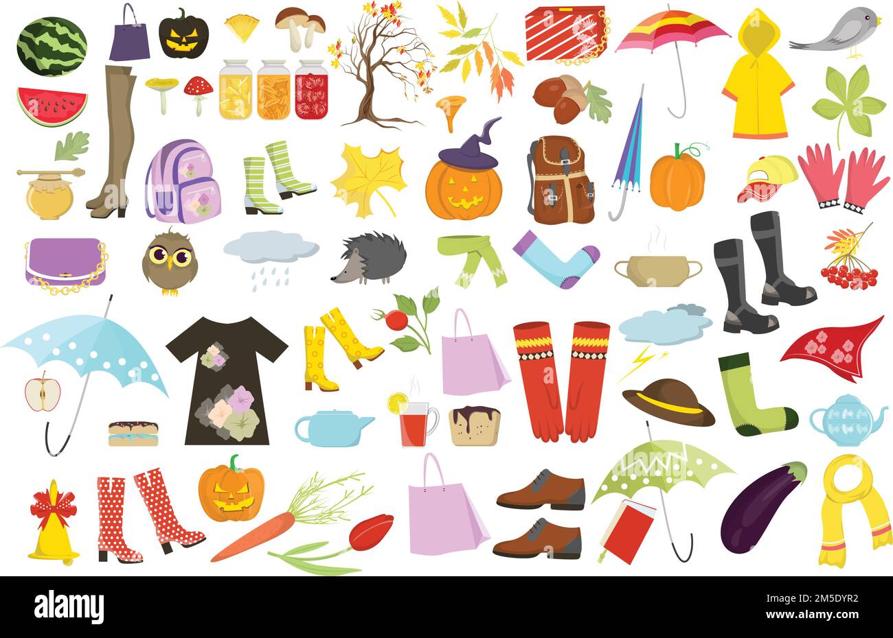 Set of autumn things like rain, clothes, pumpkin and halloween and more ...