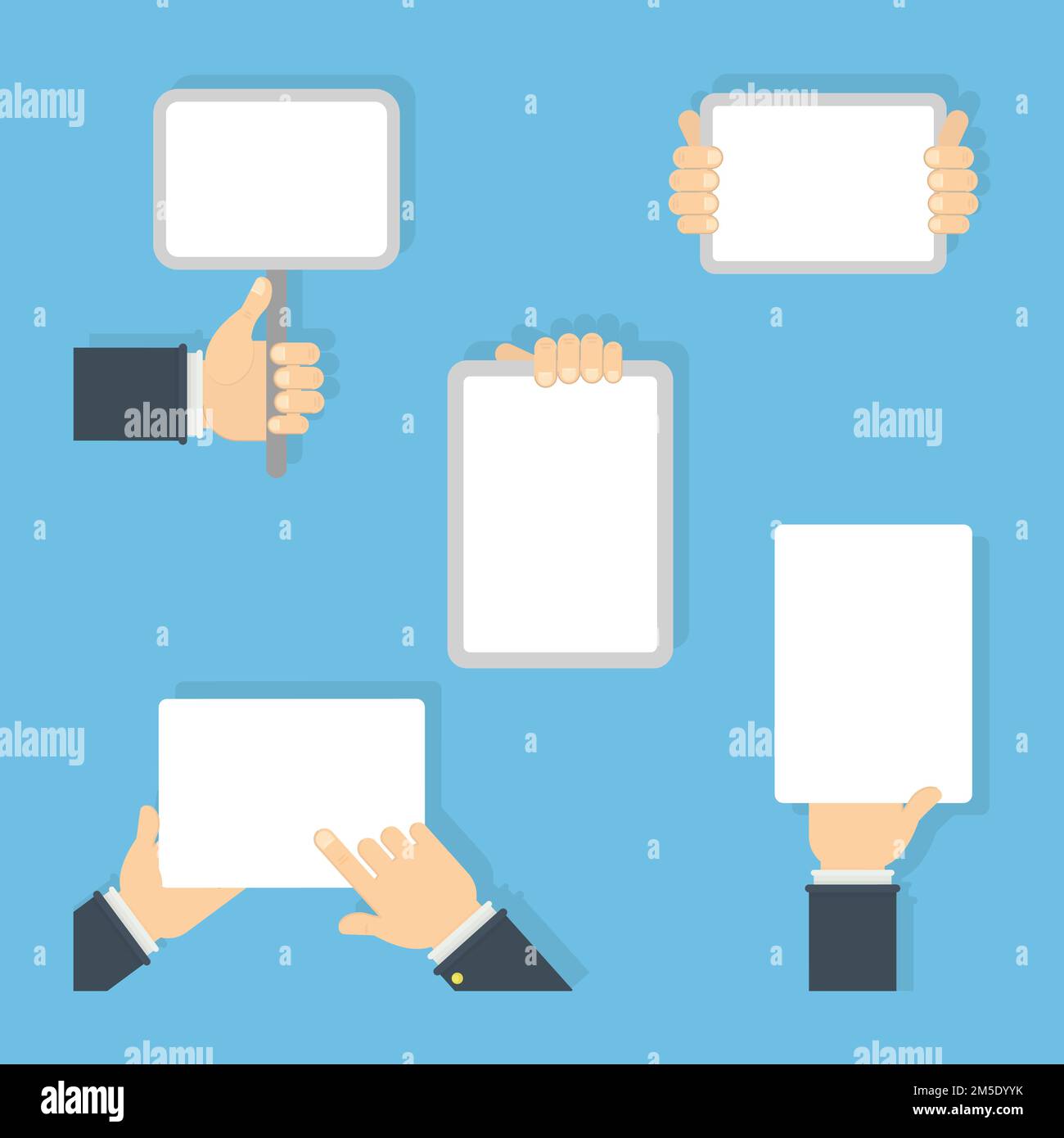 Hands with white paper set. Isolated hands with template signs and ...