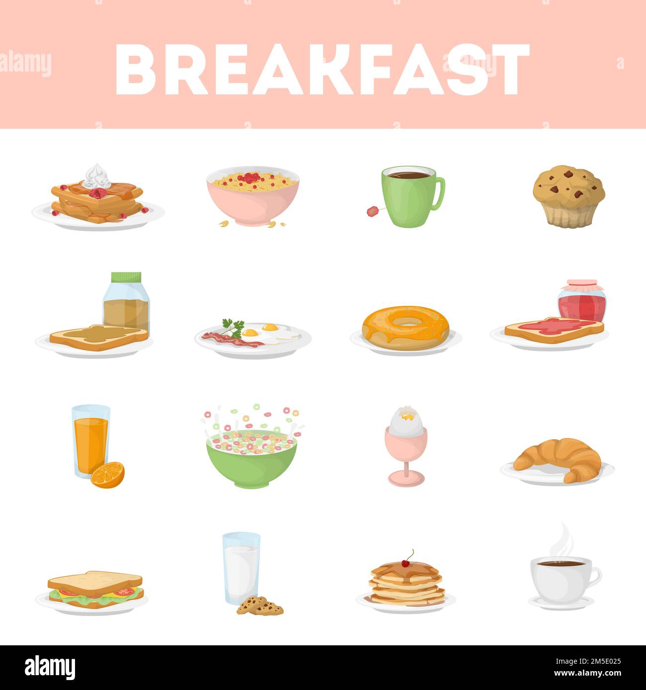 Isolated breakfast set on white background. All kinds f breakfast meals ...