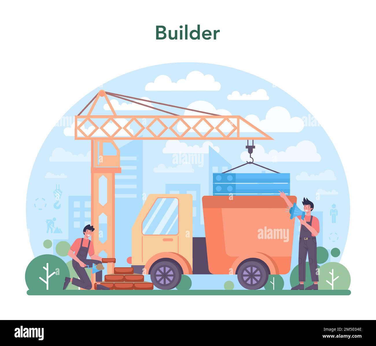 House building concept. Workers constructing home with tools and ...