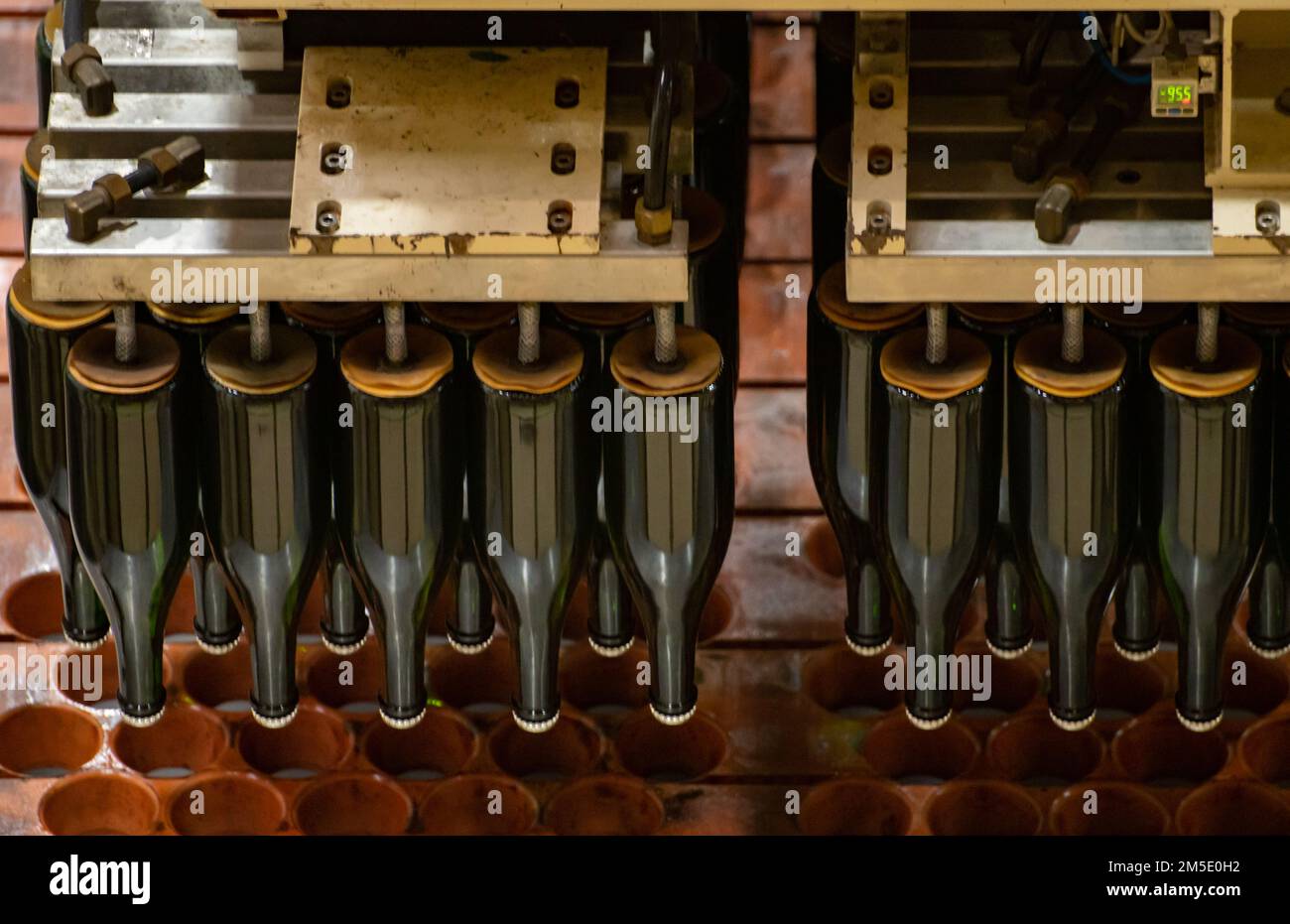 Production of cremant sparkling wine in Burgundy, France. Automatically ...
