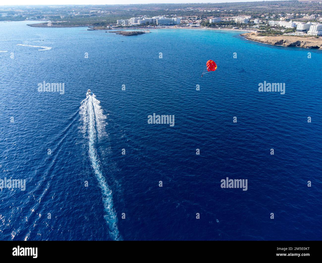 Aerial panoramic view on blue crystal clear water on Mediterranean sea ...