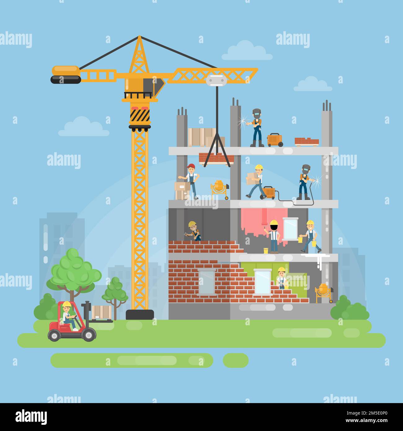 Constructing new building. People work on housing development with ...