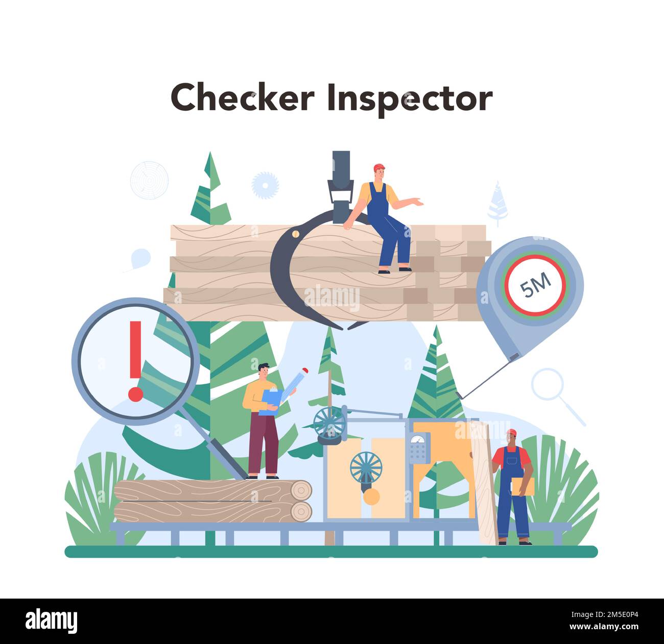Wood industry concept. Checker inspector as a forestry production line ...
