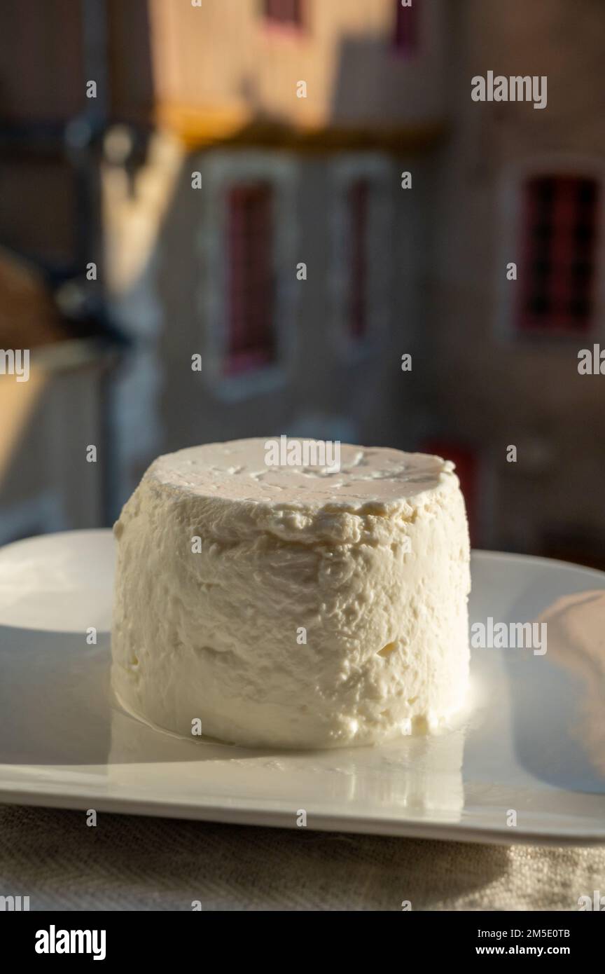 French soft white goat cheese served outdoor in old city in sunlights ...