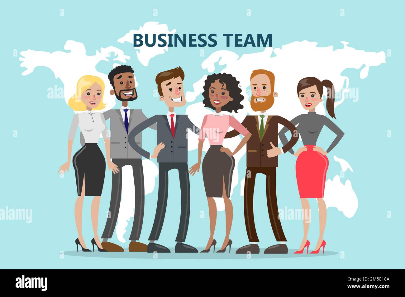 Business team illustration. Happy smiling people standing with world ...