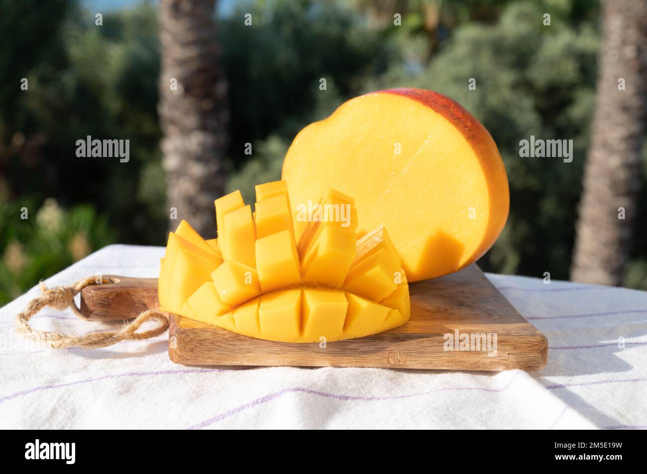 Fresh ripe sweet yellow mango tropical fruit served outdoor with view ...
