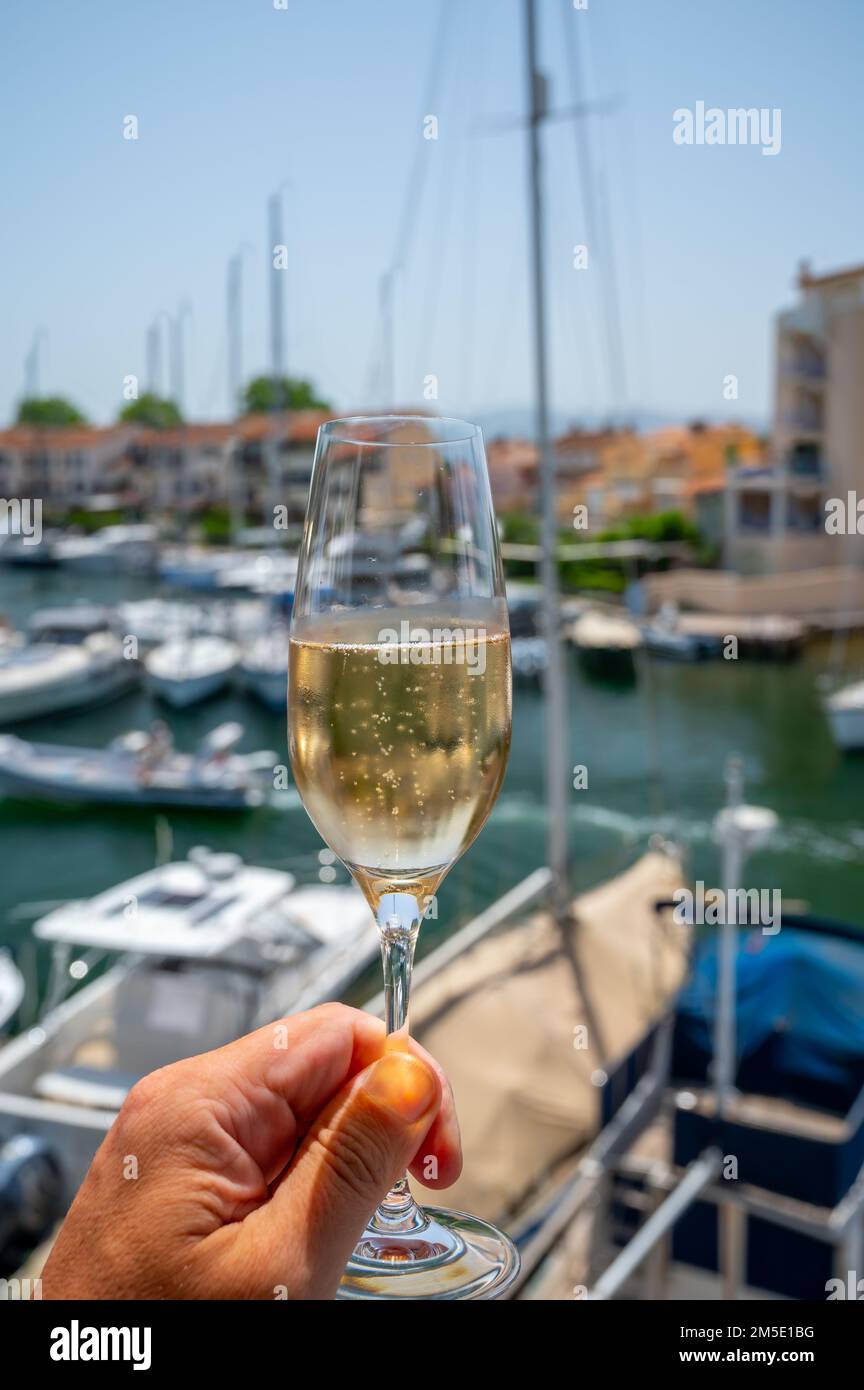 New year party, drinking of French brut champagne sparkling wine in ...