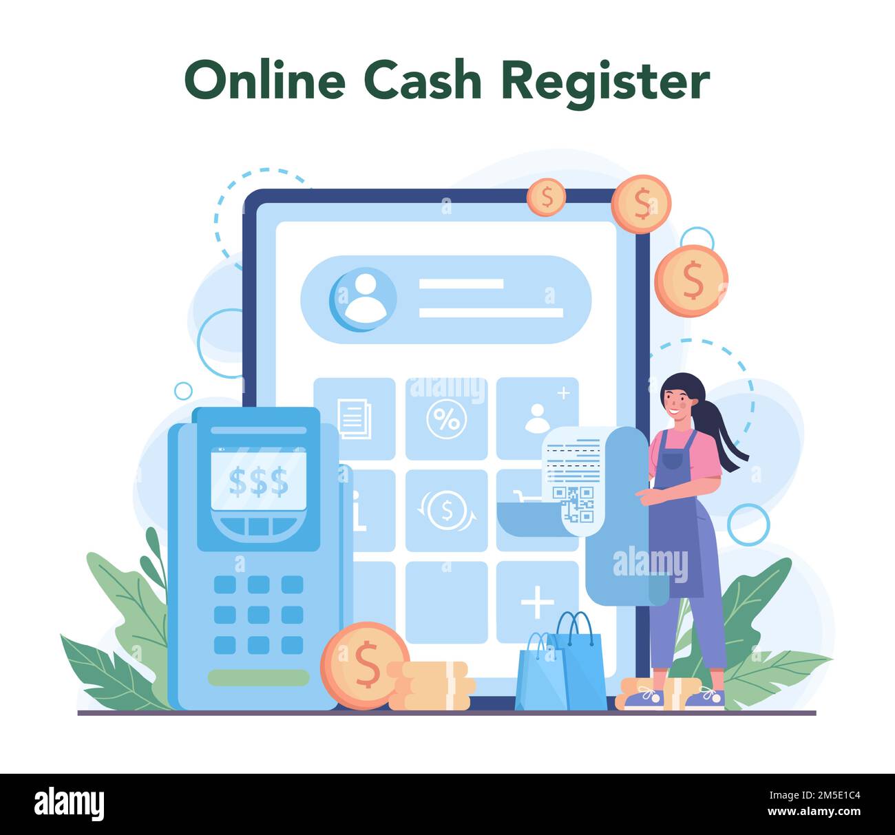 Cashier online service or platform. Worker behind the cashier counter ...