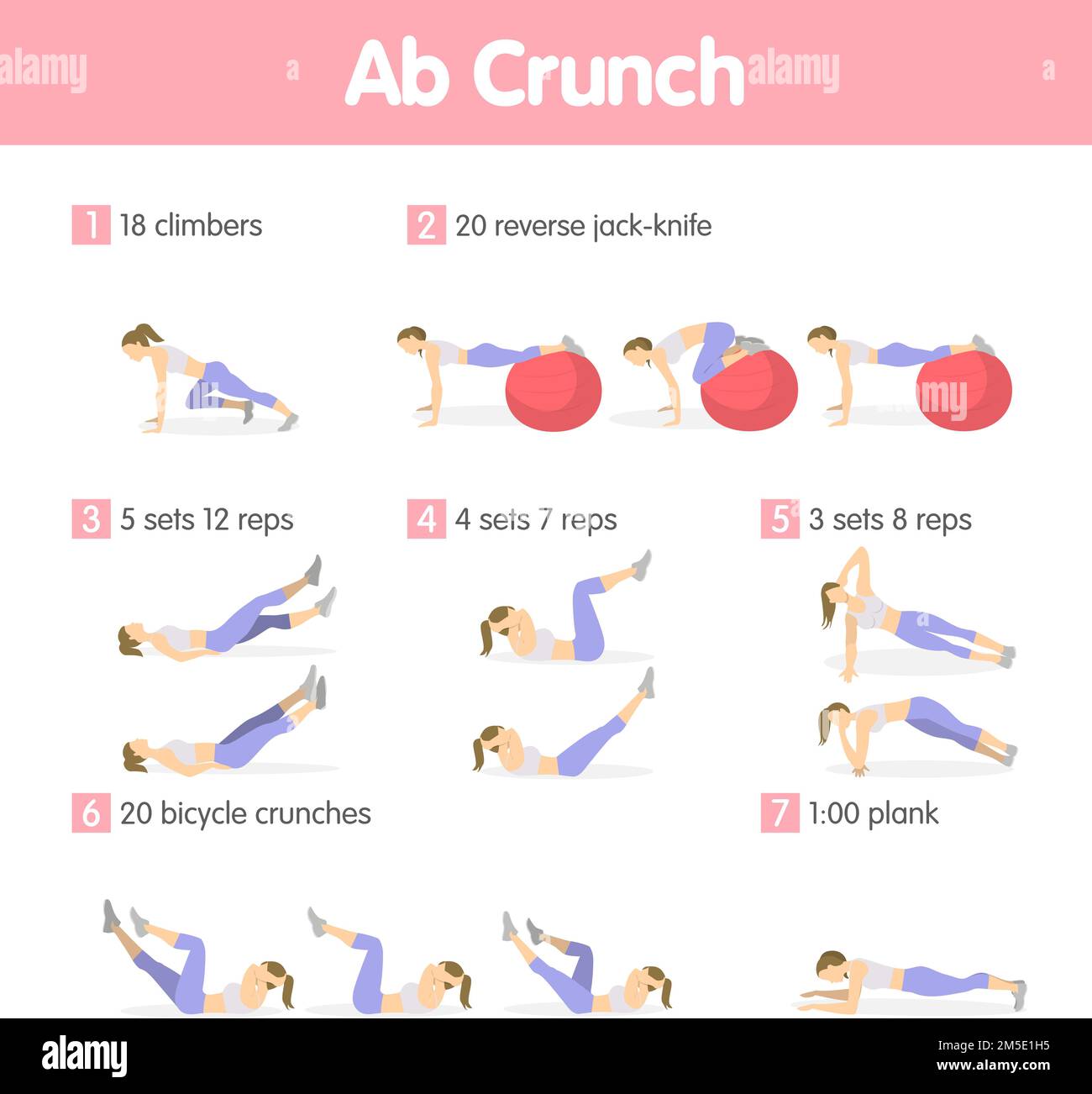 Abs exercises set. Isolated workout training for ab muscles for women on white background Stock ...