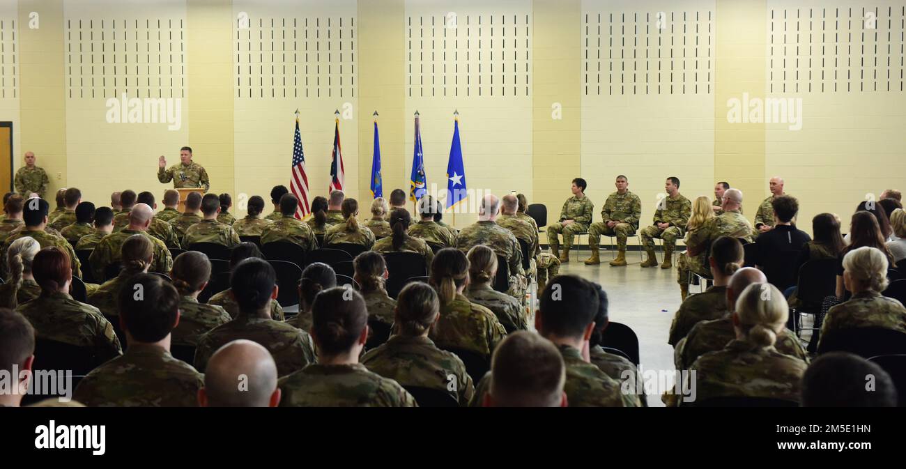 Airmen assigned to the Ohio Air National Guard’s 178th Wing listen to a ...