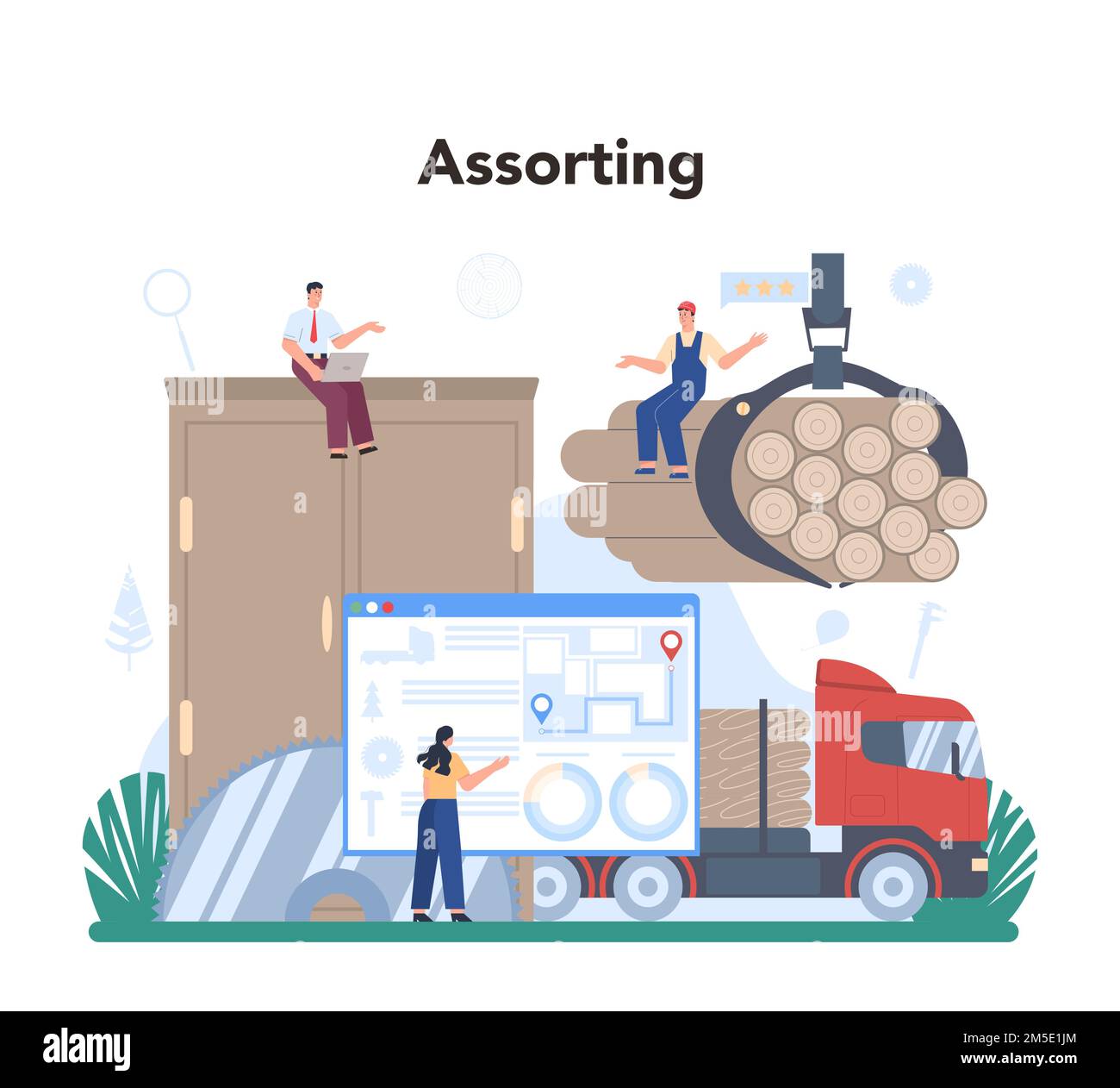 Wood industry concept. Checker inspector as a forestry production line ...