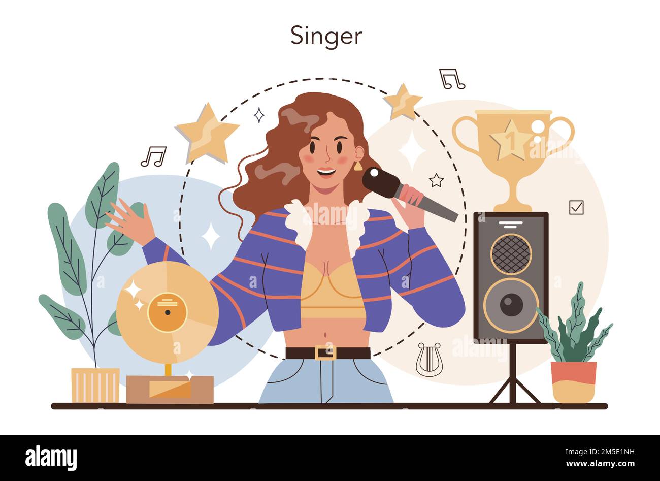 Singer concept. Performer singing with microphone on stage. Vocal music ...