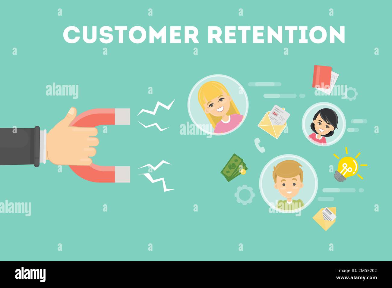 Customer retention concept. Hand with magnet tries to appeal clients ...