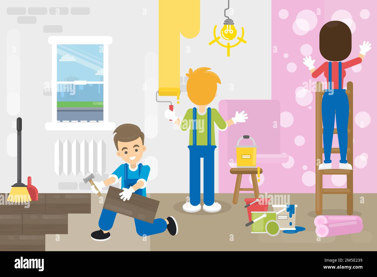 Apartment renovation illustration. People repair old room. Making the ...