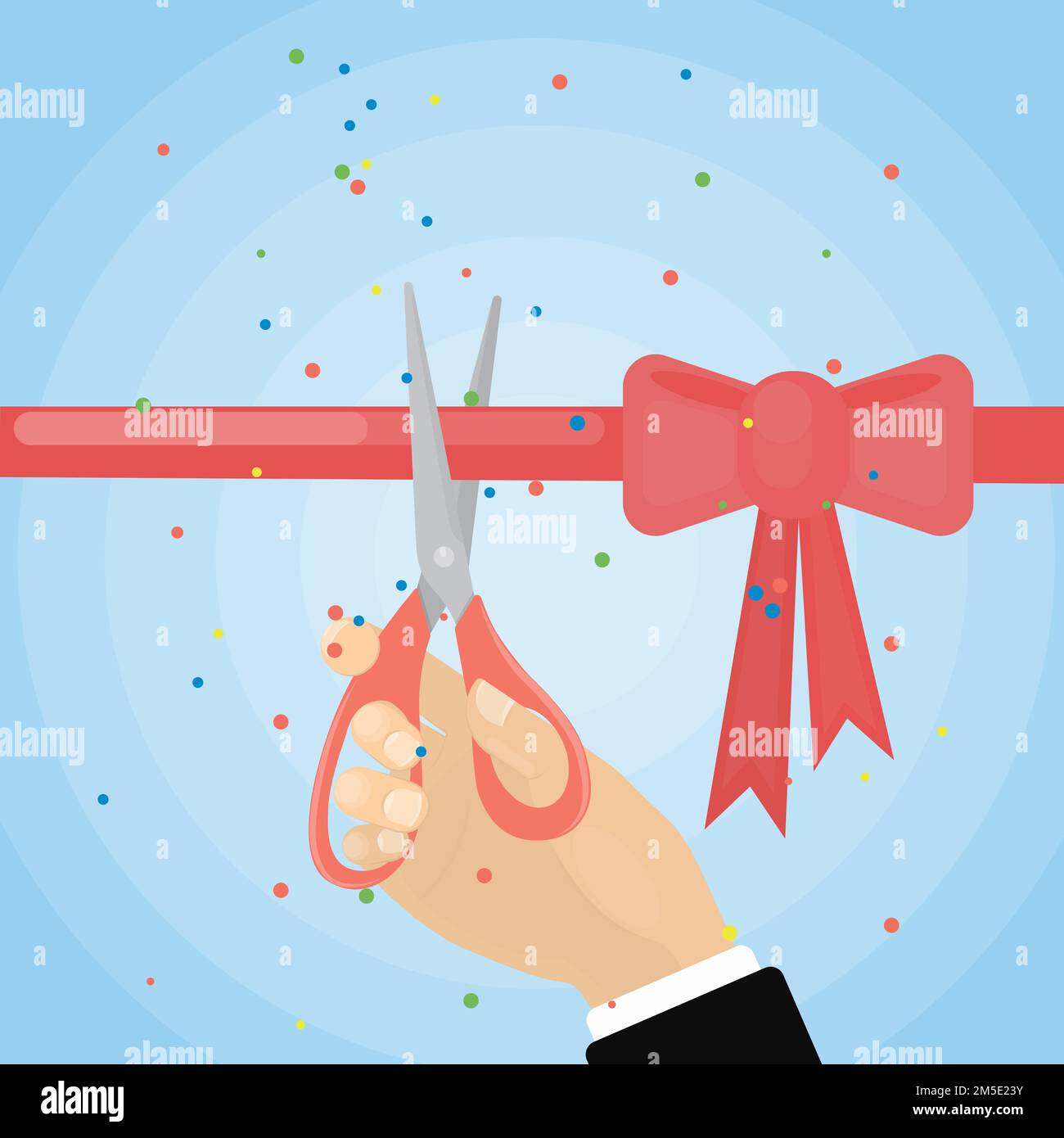 Scissors cut red ribbon for grand opening with confetti and bow. Idea ...