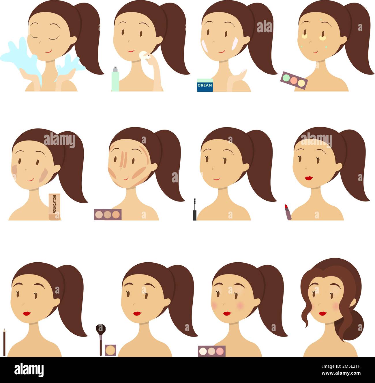 Make up stages. Woman applying cosmetics on face and doing makeup Stock ...