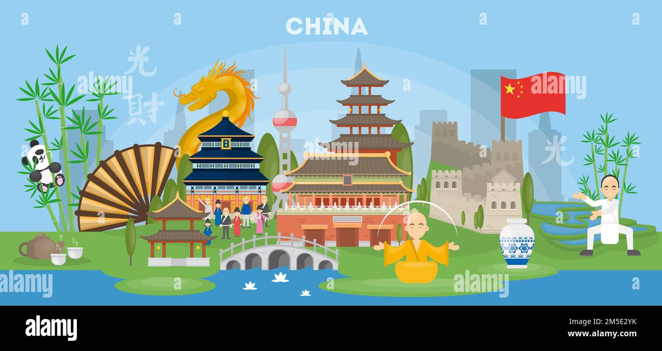 Travel to China advertising illustration. All landmarks and cultural ...