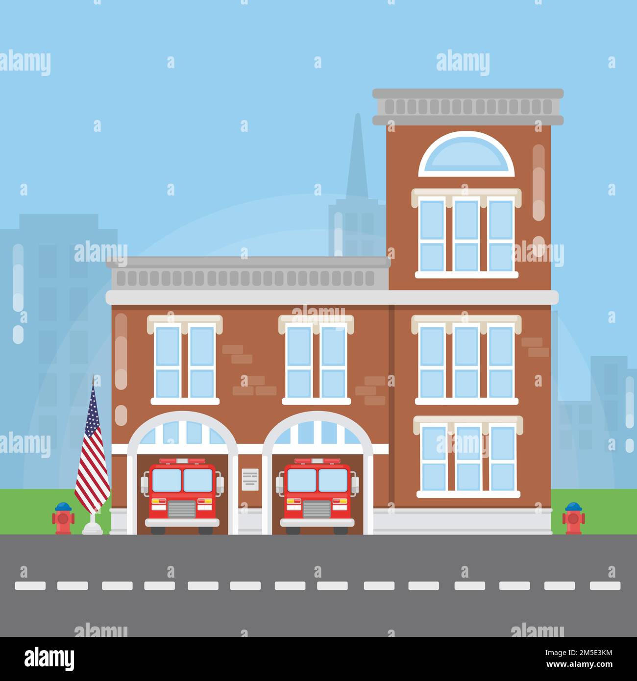 Fire department building. Fire station with fire trucks Stock Vector ...