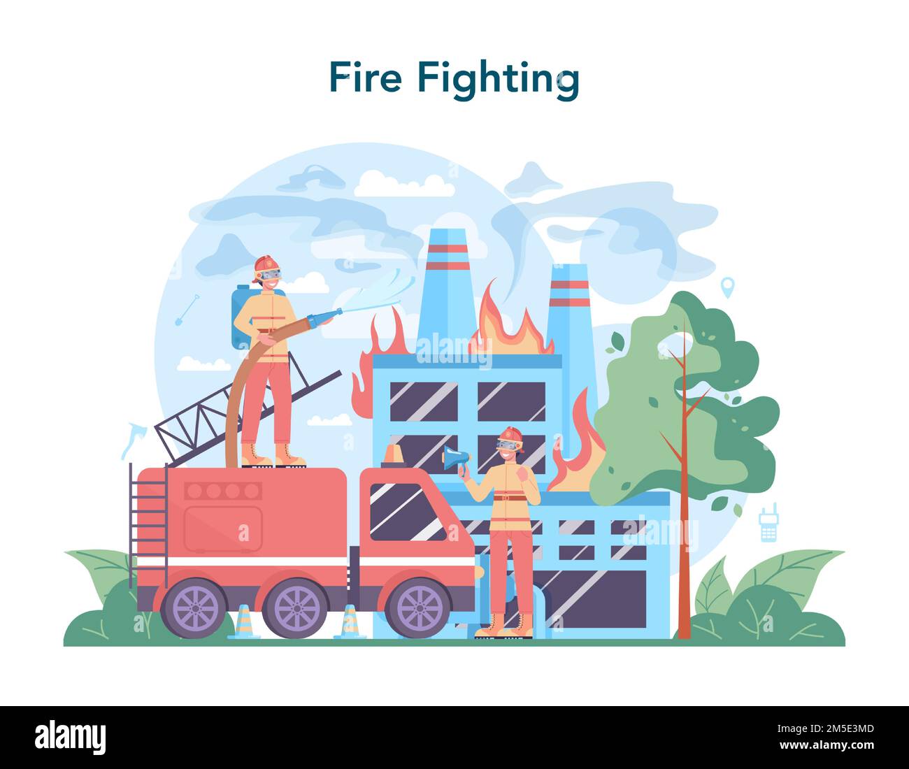 Fireman concept. Professional fire brigade firhting with flame ...