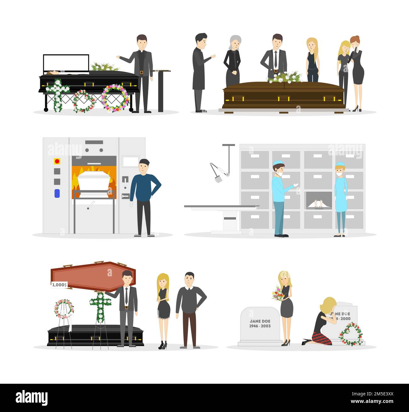 Funeral service interior set. Memorial and mourning on white background ...