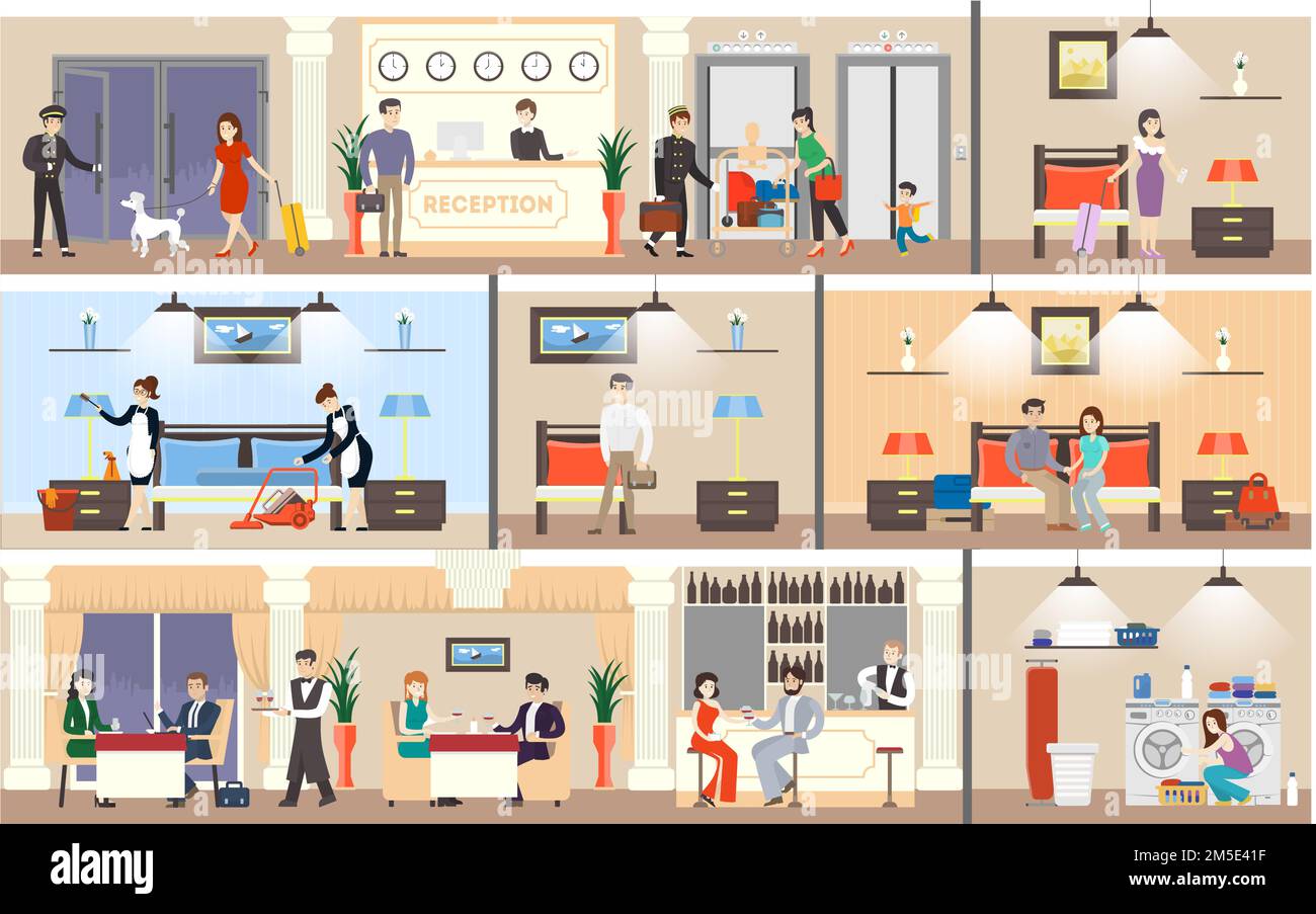 Hotel interior set. Reception and rooms, restaurant and laundry Stock ...