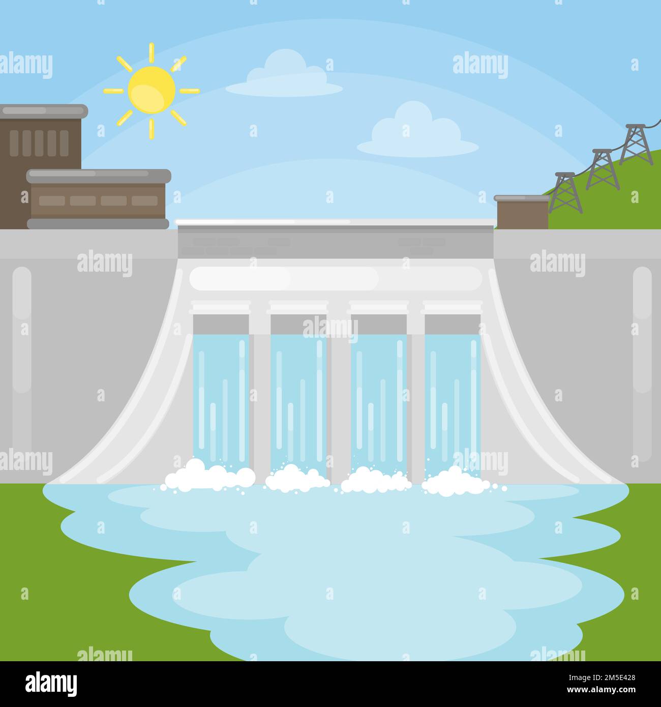 Hydropower dam illustration. Sun with water. Reneable energy Stock ...