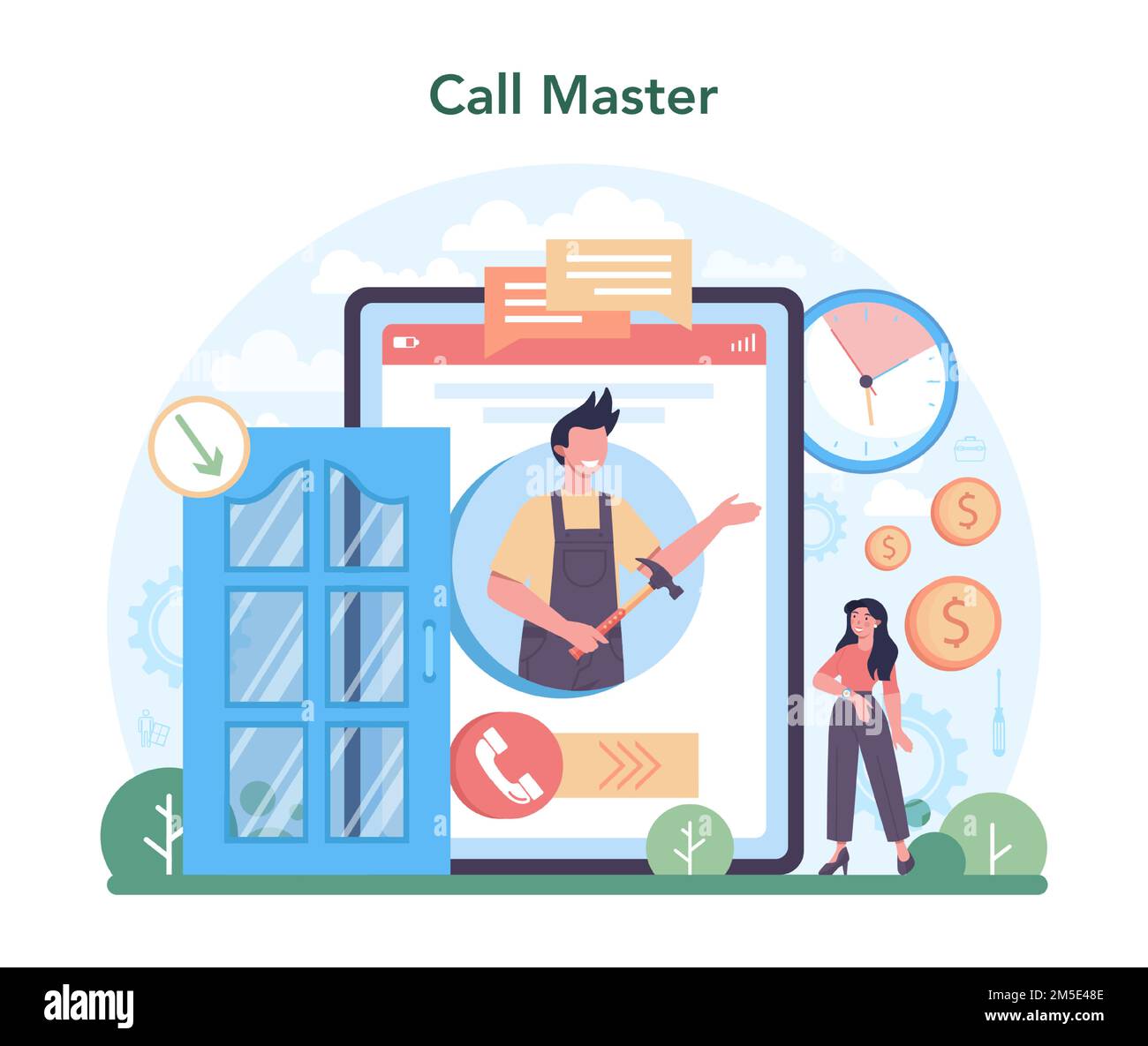 Installer online service or platform. Worker in uniform installing ...