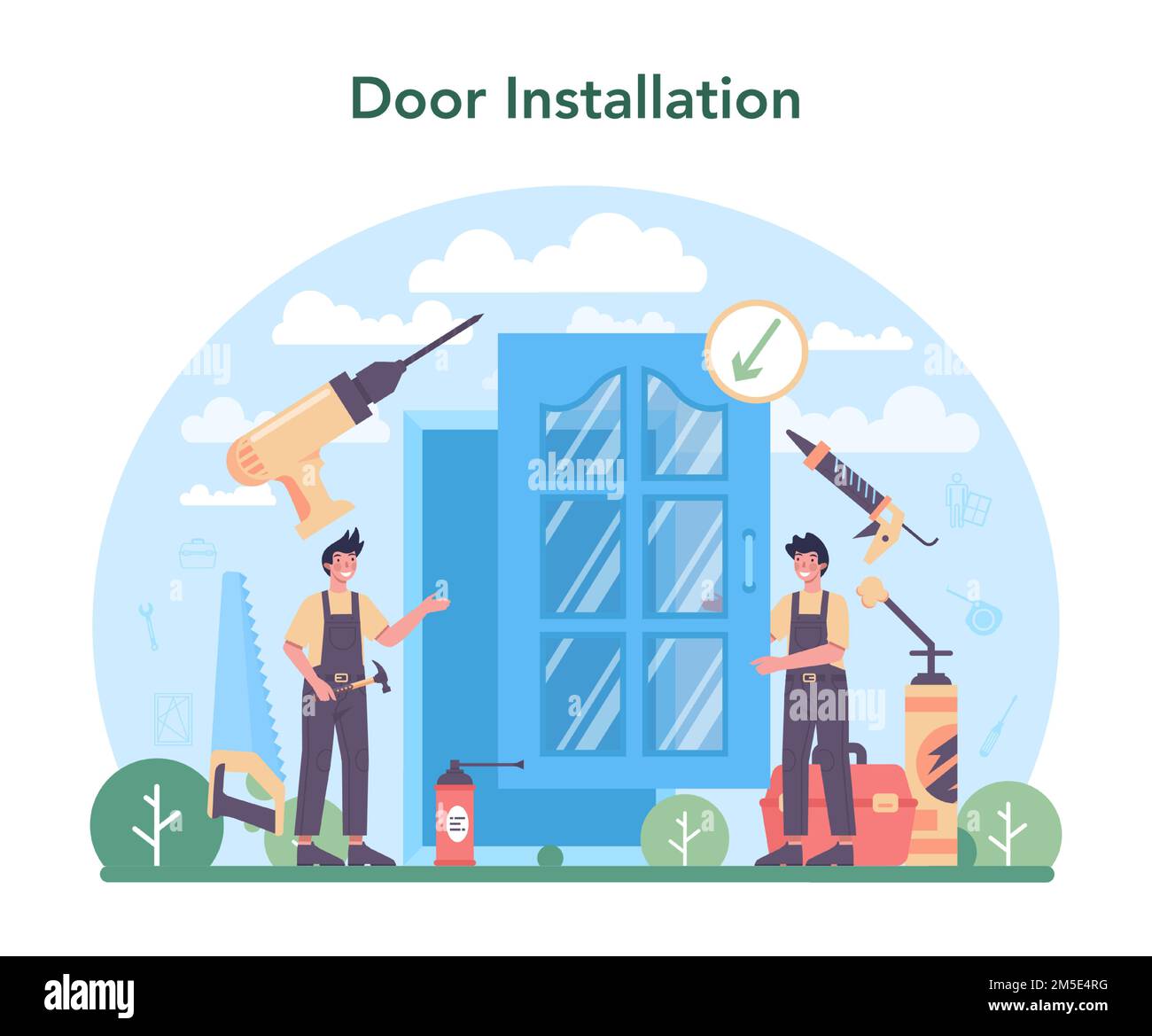 Installer concept. Worker in uniform installing window and door ...