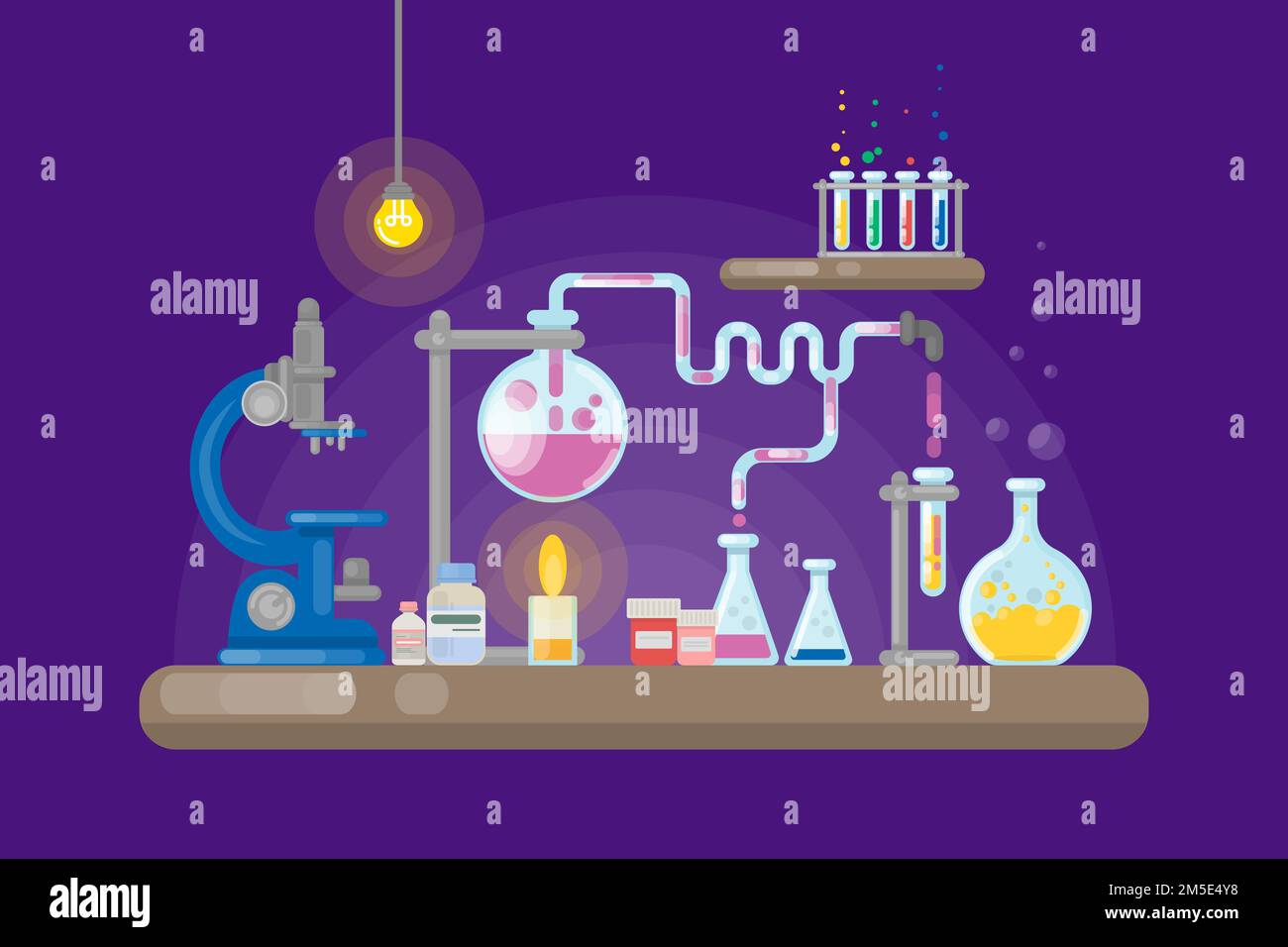 Science laboratory on purple background. Tubes and lamps Stock Vector ...