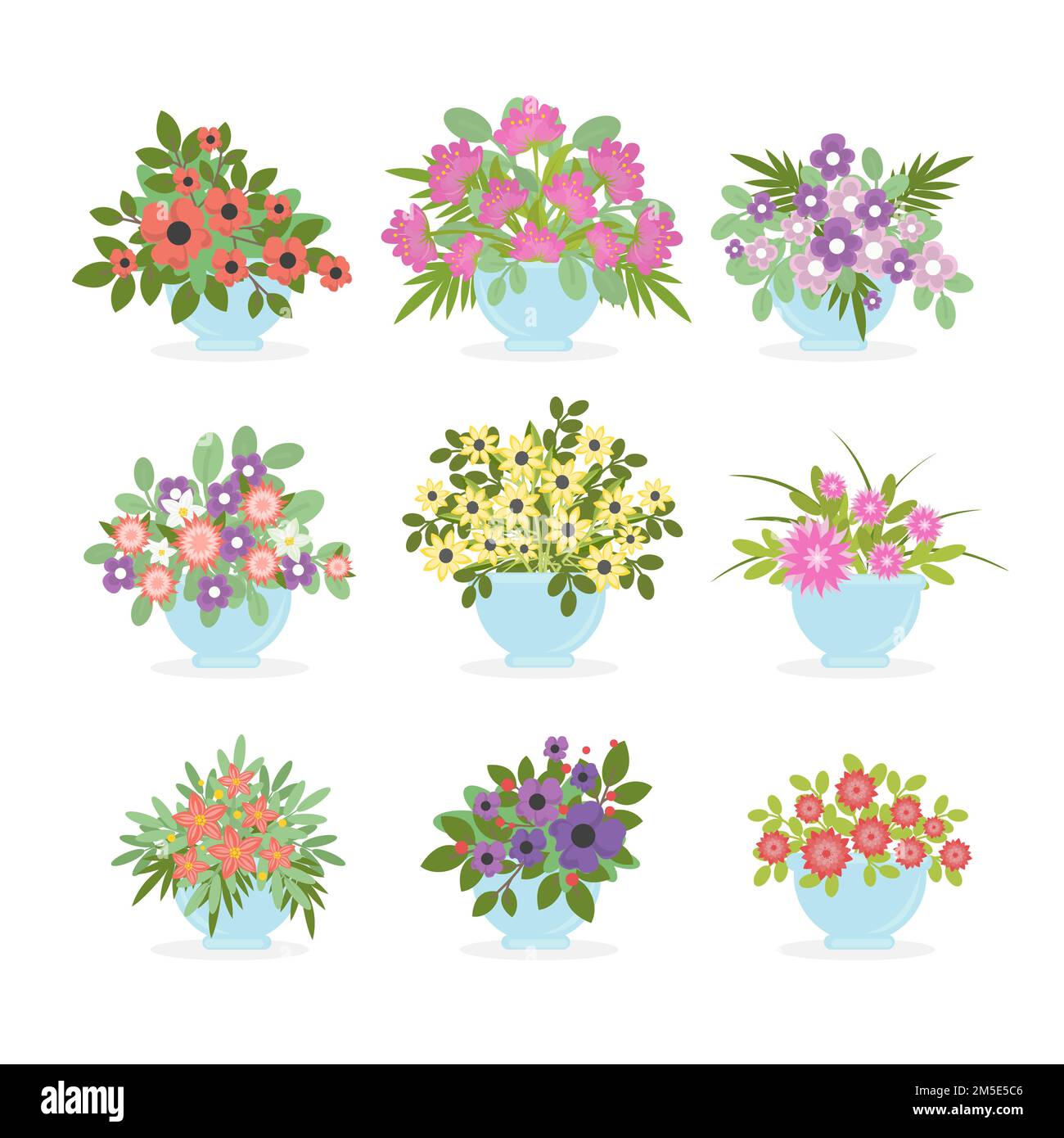 Flower pots set on white background. Colorful summer bouquets Stock ...