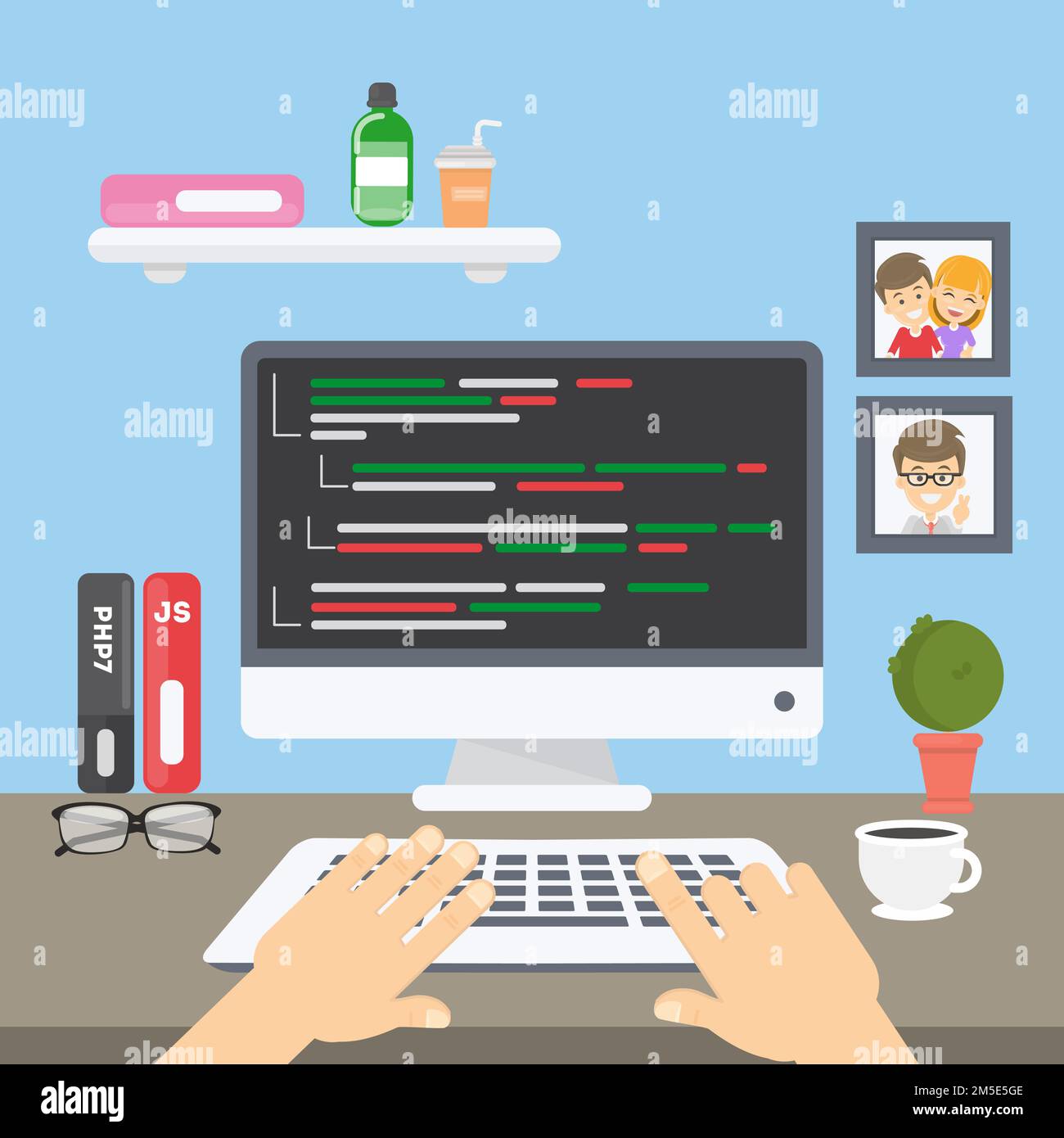 Coding At Computer Hands Typing On Keyboard Computer Screen With Code Language Stock Vector