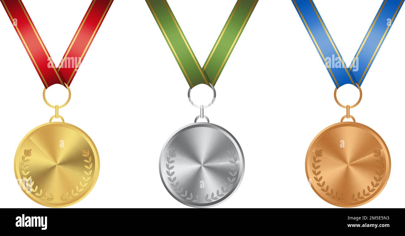 Different medals set on white background. Golden, silver and bronze ...