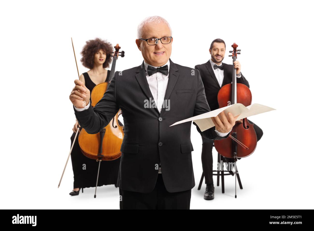 Music conductor and male and female musicians with cellos isolated on ...