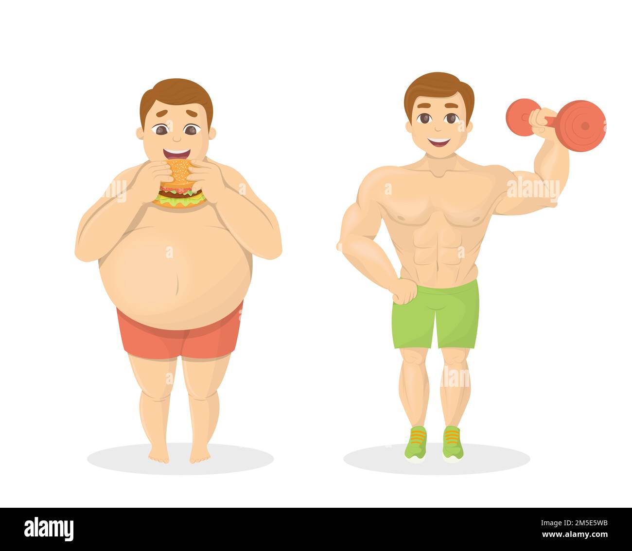 Fat and fit men. Obese man with junk food. Fit man with dumbell Stock ...