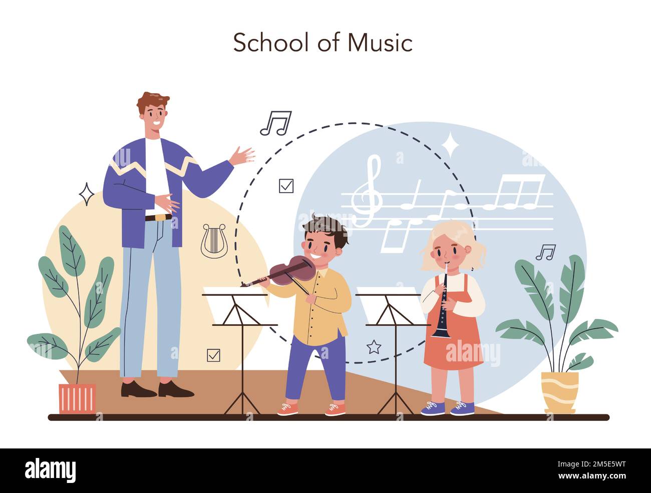 Music school concept. Kids playing music instruments. Instructor ...