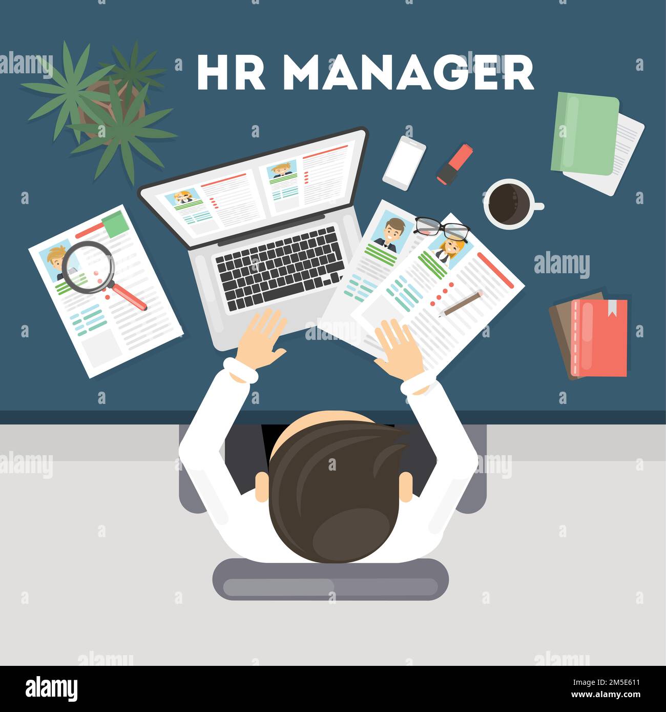 Human resource manager sitting at the desk with resumes. Top view Stock ...