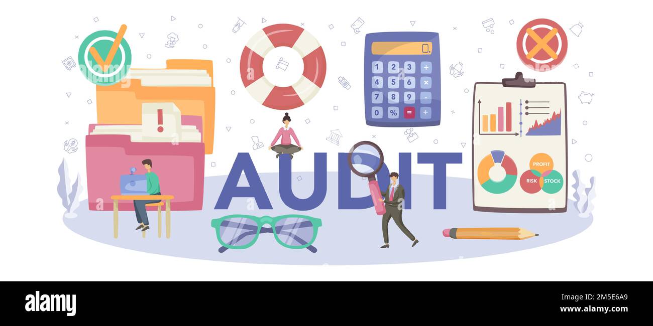 Audit concept typographic header. Business operation research and ...