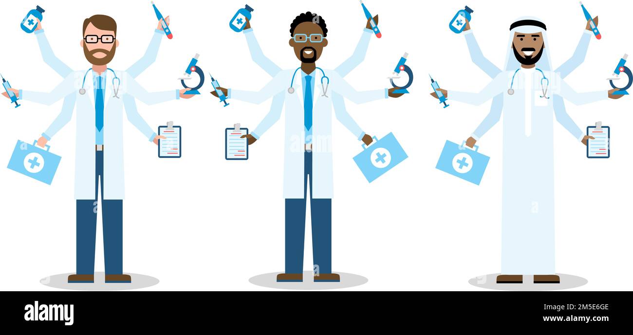 Multitasking six hands isolated doctors on white background. Workaholic ...