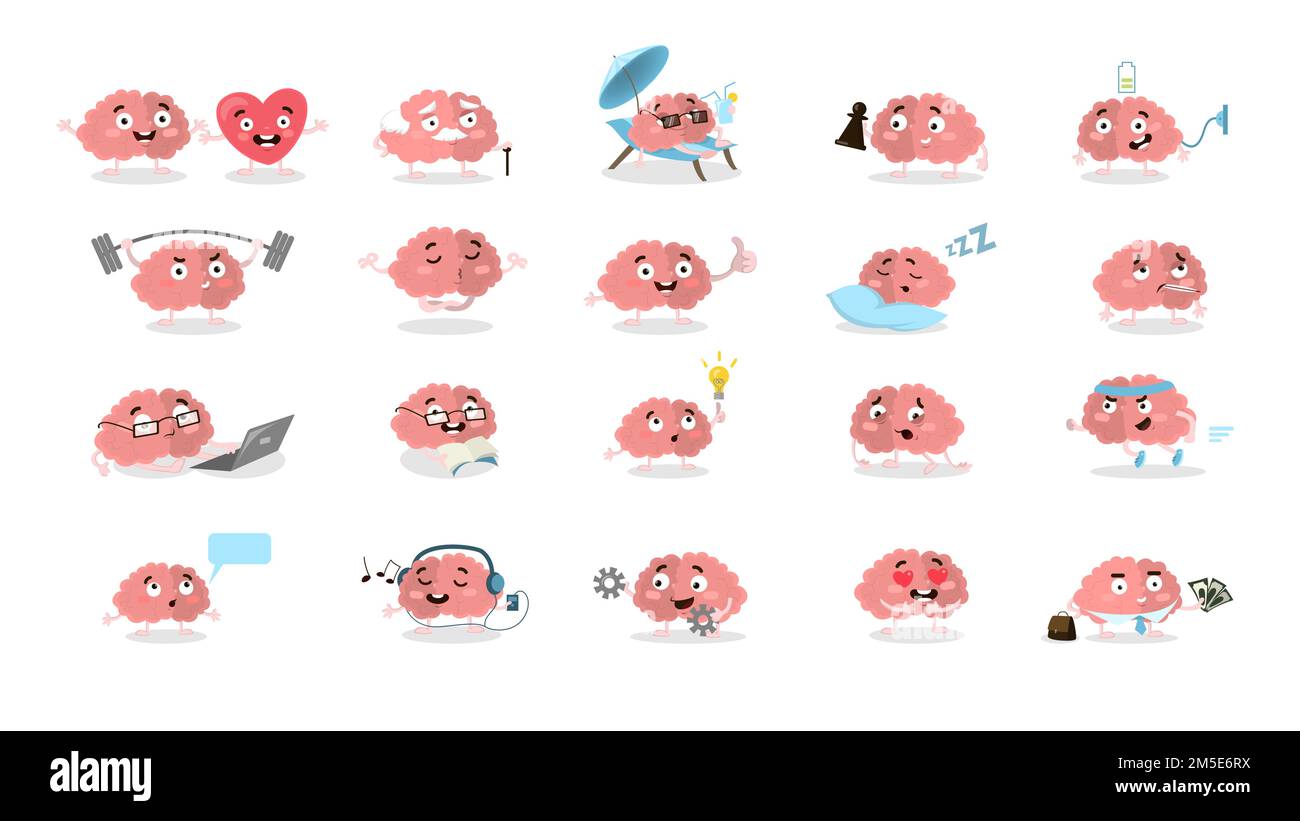 Cartoon brain set. All emotions and situations as exercising and ...