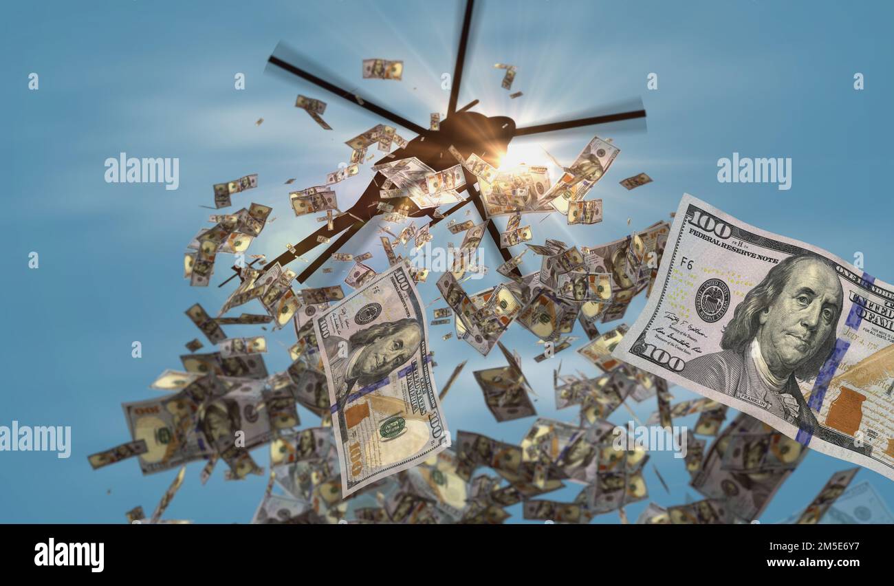 Dollar banknotes helicopter money dropping. USA 100 USD notes abstract ...